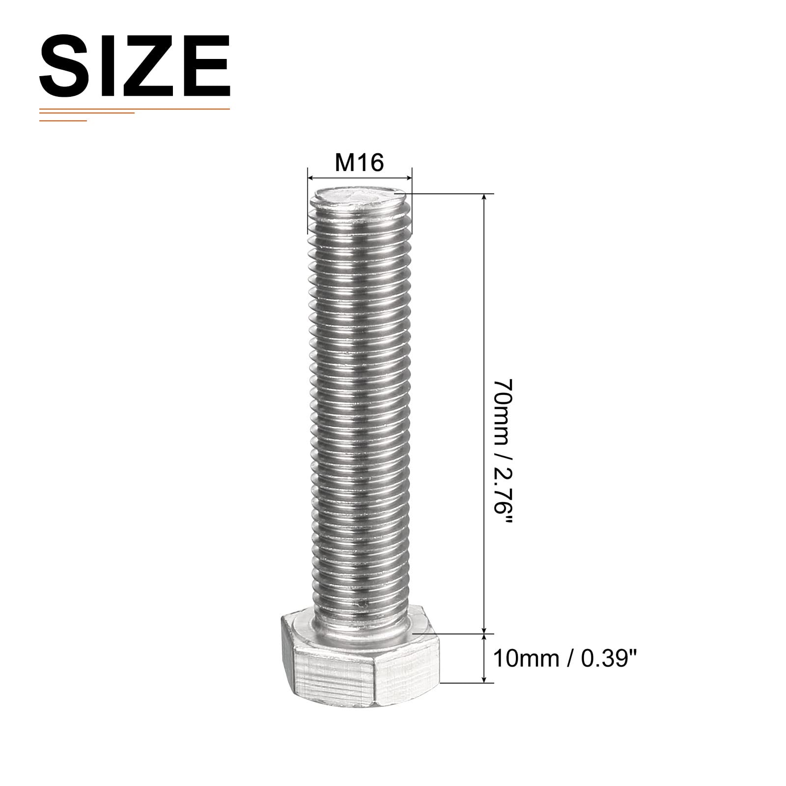 DTGN M16x70mm(DxH) Hex Bolts - 2Pack - Good for Machine Tools - 304 Stainless Steel Hexagon Head Screws
