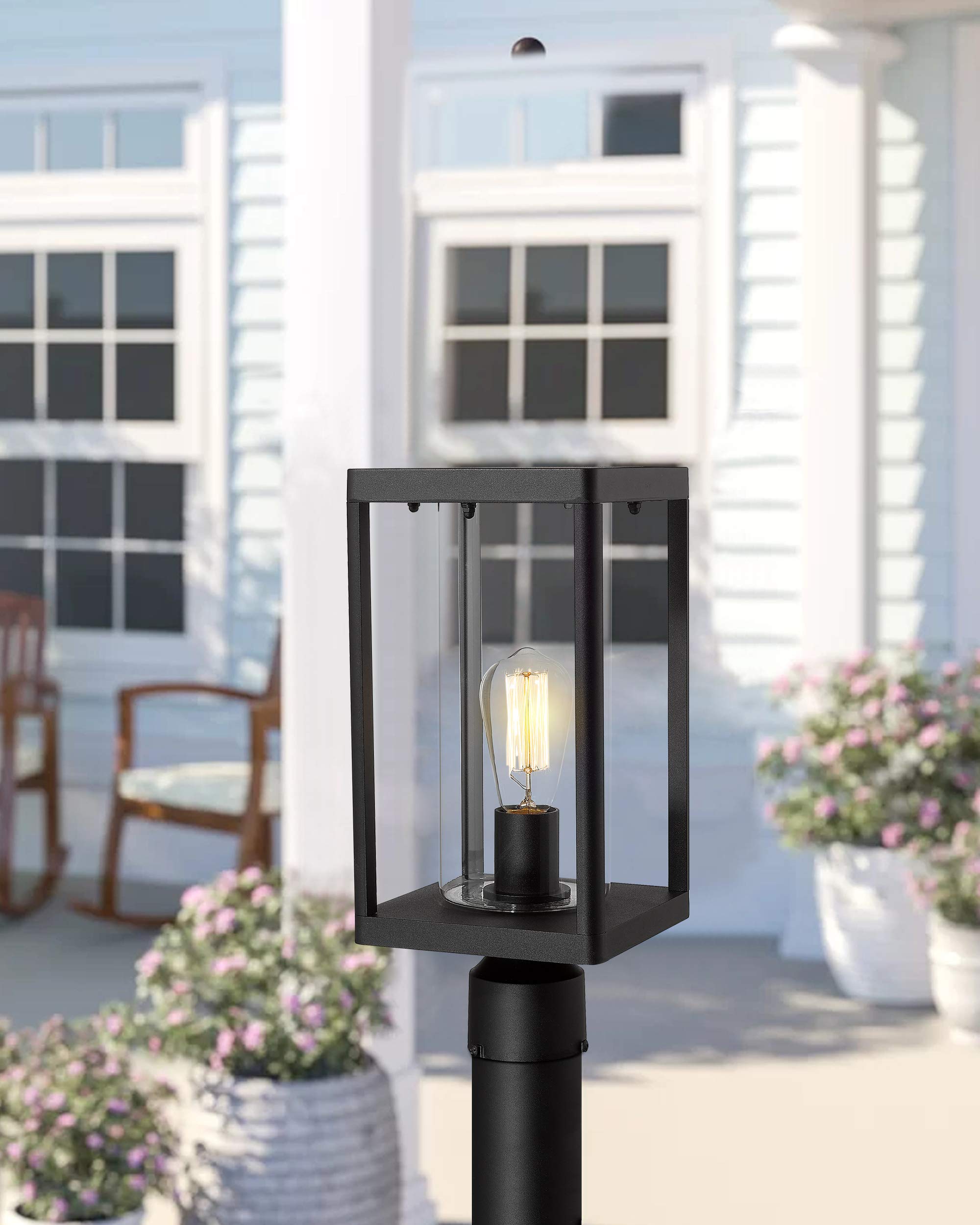 Beionxii Outdoor Post Lantern, 20inch Large Modern Lamp Post Light Fixture Exterior Pillar Lights with Pier Mount Base, Black Cast Aluminum w/Clear Cylinder Glass - A291P-2PK
