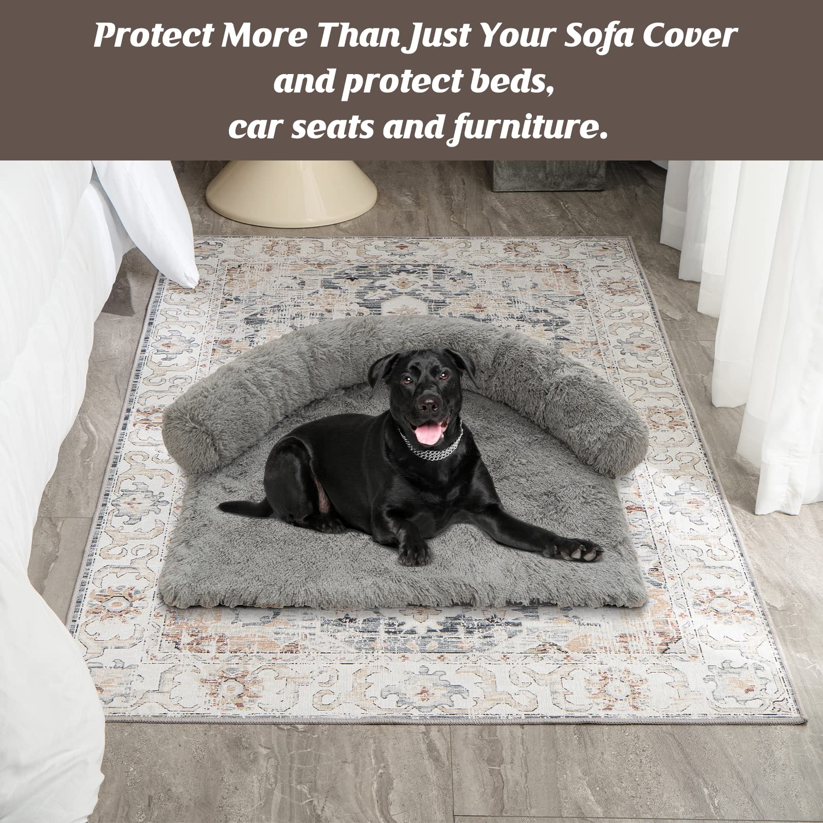 Syalife Shaggy Plush Calming Dog Couch Bed Pet Protector, Fluffy Waterproof Lining and Nonskid Bottom, Dog Mat for Furniture Protector with Washable Cover(55"x43"x8", Light Gray)