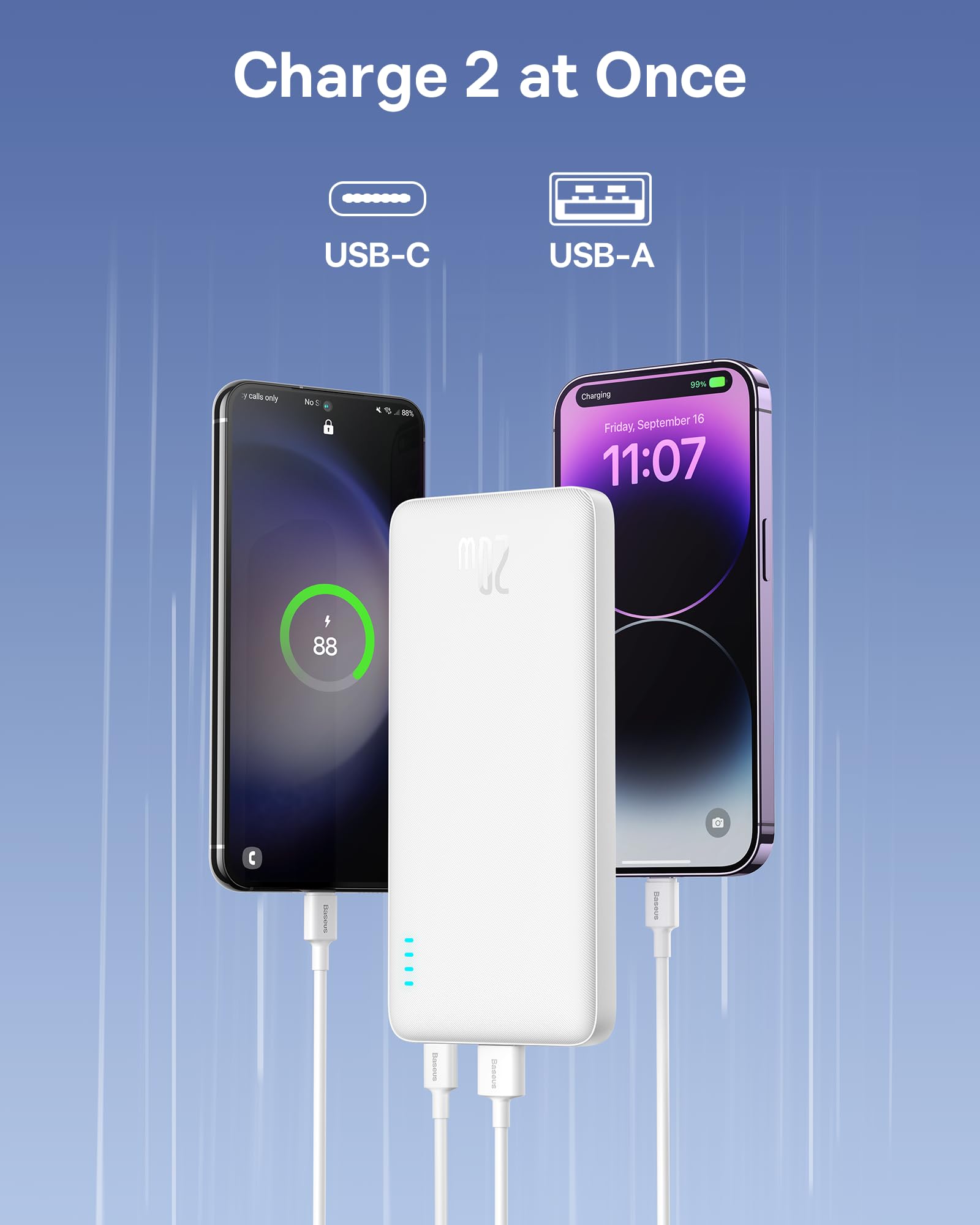 Baseus Portable Charger, Slim 20W PD USB C Power Bank 10000mAh Fast Charging Battery Pack, External Battery Compatible with iPhone 15 14 13 12 Pro Samsung S21 Google LG iPad Tablet, White