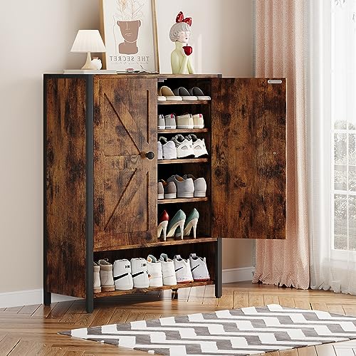 Homeiju Shoe Cabinet with Doors and Shelves,24 Pairs Entryway Shoe Storage Cabinet with Adjustable Shelves,6-Tier Free Standing Shoe Organizer Cabinet for Entryway (Rustic Brown)