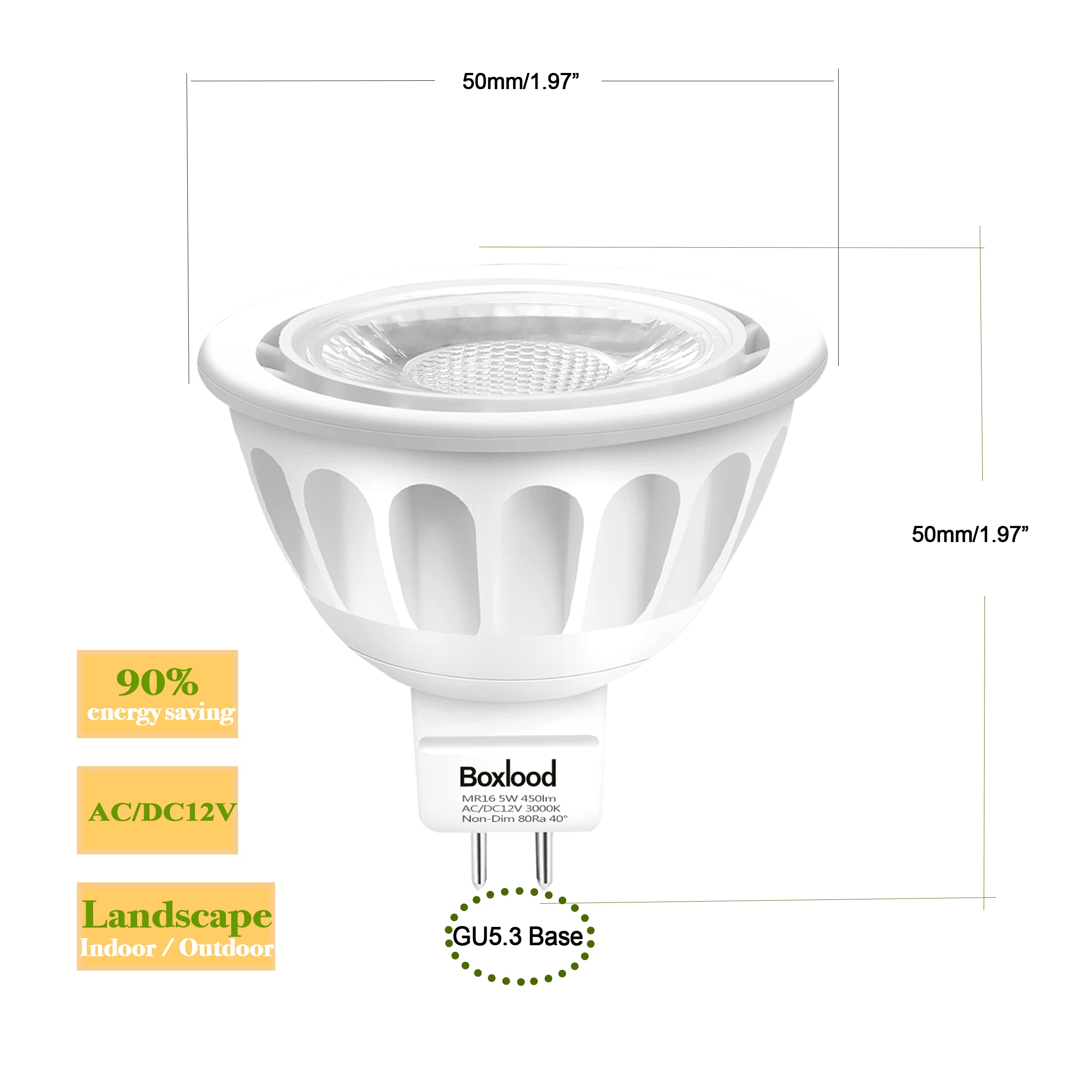 Boxlood MR16 LED Light Bulb Non Dimmable Comply with UL, 90% Energy Saving, 3000K Warm White, 40 Degree Beam Angle, AC/DC 12V, 5 Watts, 50W Halogen Bulb Equivalent, GU5.3 Bi-Pin Base, 6-Pack