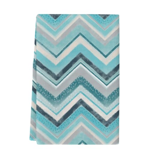 Beisseid Kitchen Dish Towels Aqua Turquoise Chevron Dish Cloth Fingertip Hand Towels Geometric Design Stripe Super Absorbent Soft Cotton Tea Towel 1 PC