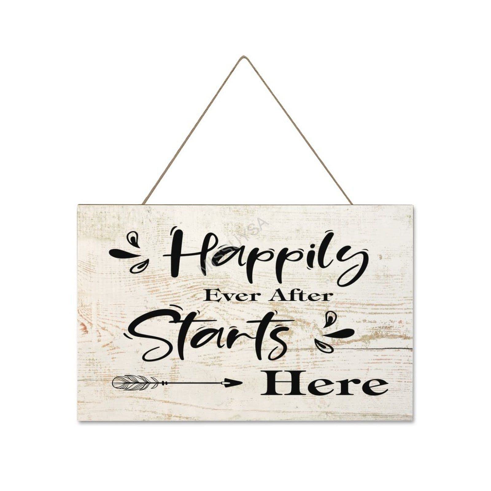 Wooden Signs, Rustic Happily Ever After Starts Here Sign Plaque Pianted Quote Home Decor Farmhouse Garden Outdoor Wall Art 10"X16", Made in USA #339