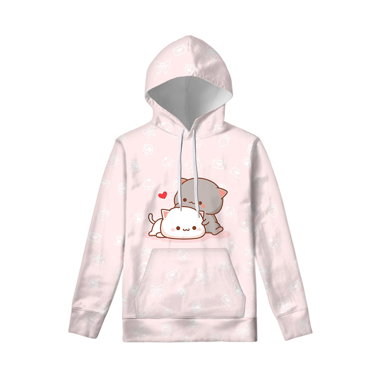 Biyejit Cute Kats Kitten Pink Drawstring Hoodies for Girls Unisex Sweatshirt Crewneck Long Sleeved Pullover Tops S-XL for Age 8-10