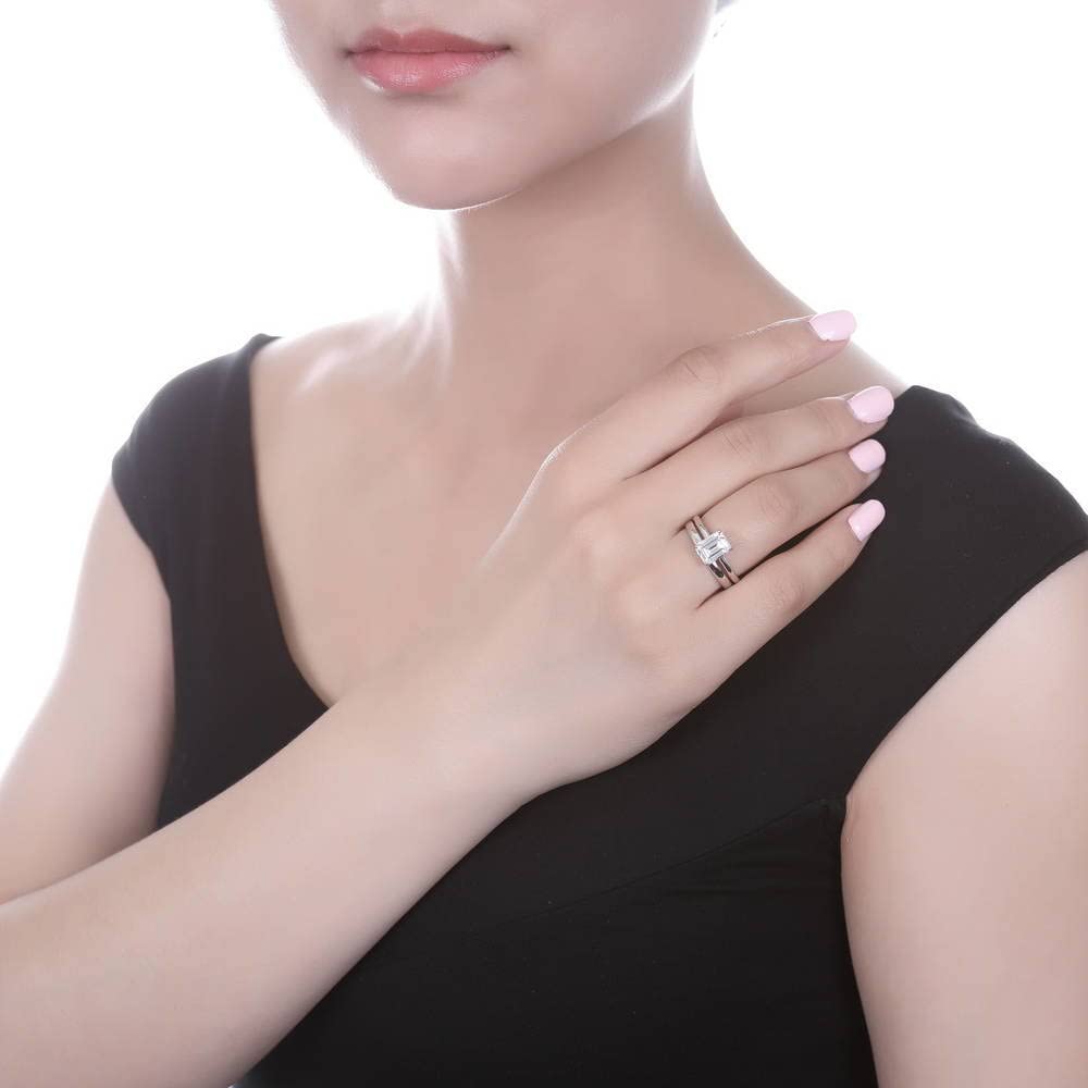 BERRICLE Sterling Silver Solitaire Wedding Engagement Rings 2.1 Carat Emerald Cut Cubic Zirconia CZ Ring Set for Women, Rhodium Plated Size 8