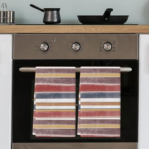 Beisseid Kitchen Dish Towels Ombre Red Stripe Dish Cloth Fingertip Hand Towels Geometric Design Super Absorbent Soft Cotton Tea Towel 2 PCS