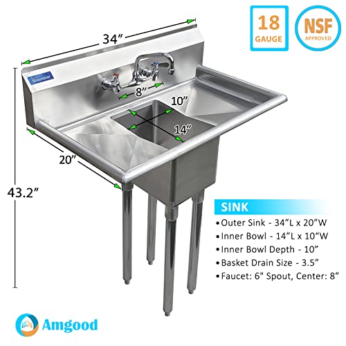 One Compartment Stainless Steel Commercial Kitchen Prep & Utility Sink with Left and Right Drainboards with Faucet | Bowl Size 10" x 14" X 10" | NSF