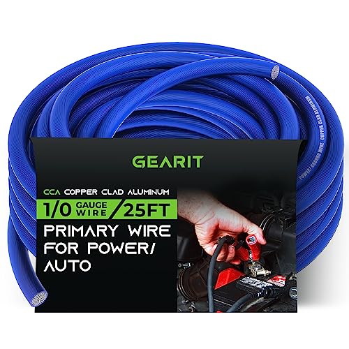GearIT 1/0 Gauge Wire (25ft - Blue Translucent) Copper Clad Aluminum CCA - Primary Automotive Wire Power/Ground, Battery Cable, Car Audio Speaker, RV Trailer, Amp, Electrical 0ga AWG 25 Feet