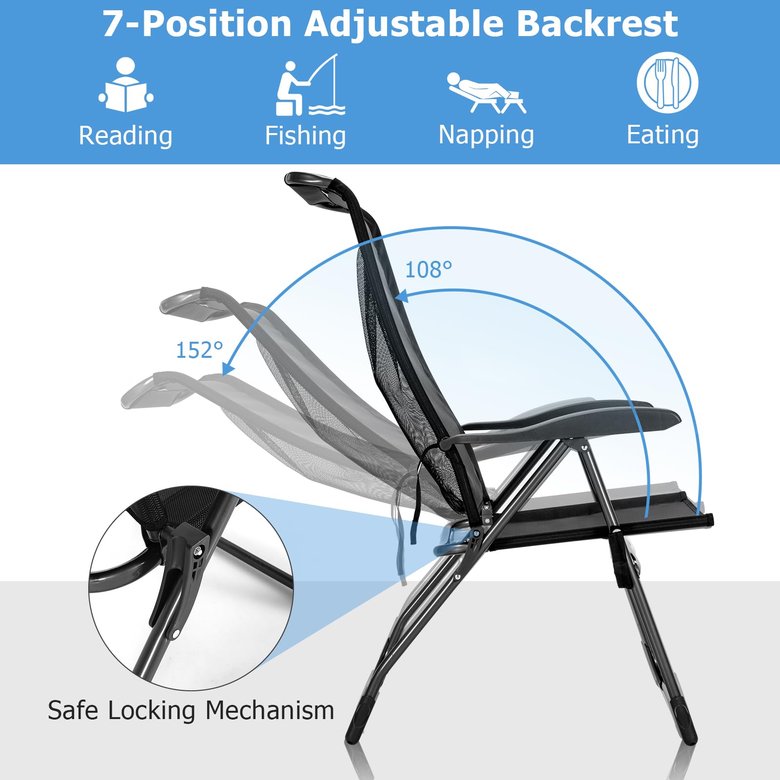 Tangkula Folding Patio Chairs, Set of 2 Outdoor Dining Chairs & Ottomans, Lawn Chairs with 7-Level Adjustable Backrest, Armrests, Mesh Pocket, Portable Lounge Chairs & Footrests for Backyard, Camping