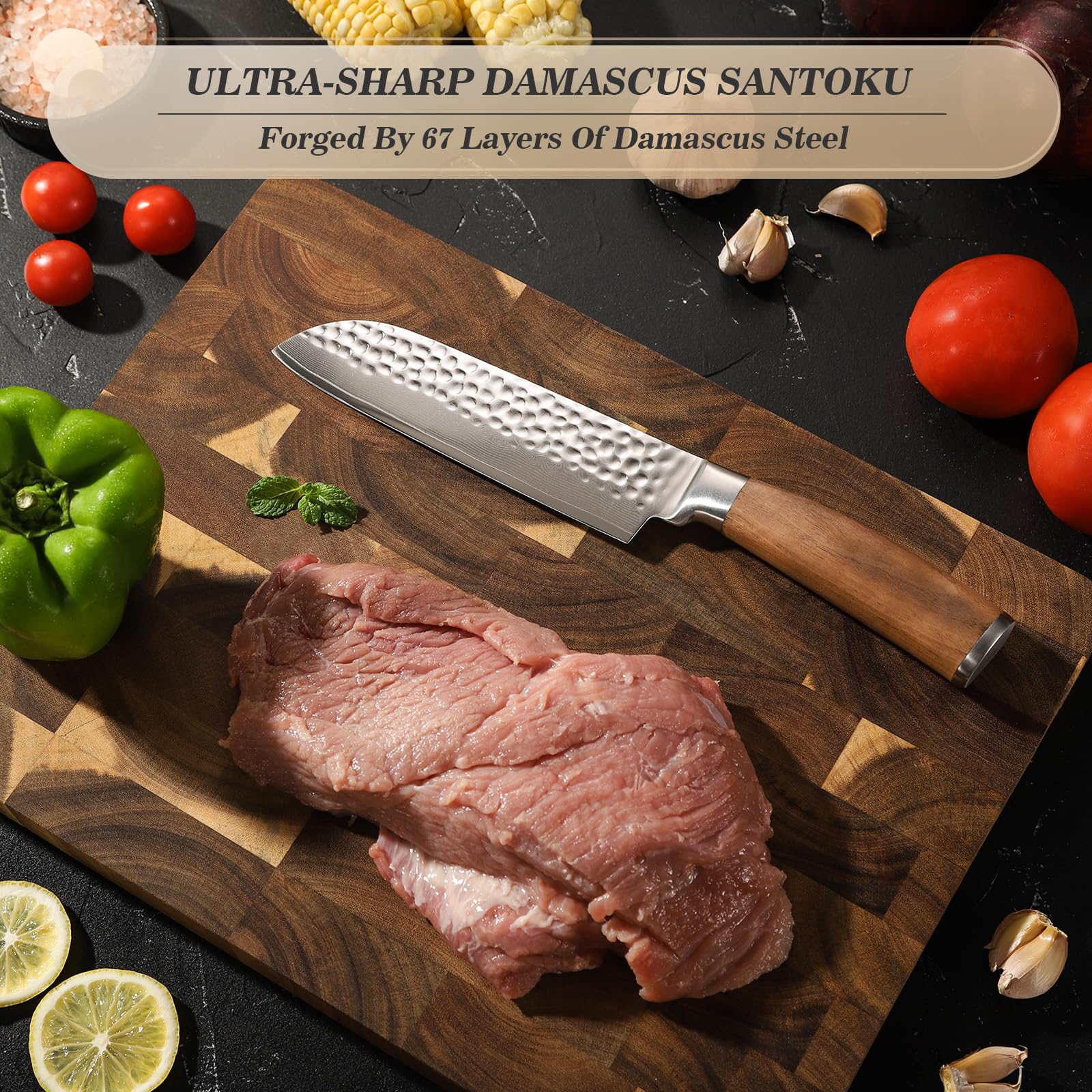 Damascus Santoku Knife 7 Inch,Professional Kitchen Knife with Ergonomic Walnut Wood Handle,67 Layers Super Steel Damascus Kitchen Knives,Rubber Wood Gift Box Packing,Christmas Kitchen Gifts for Men