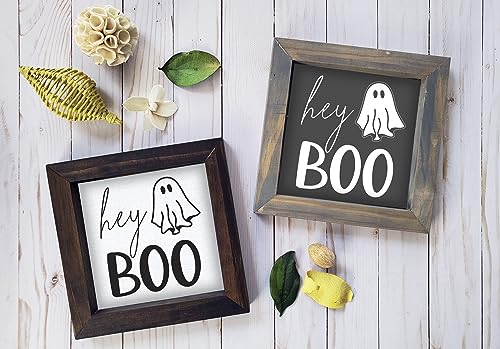 Hey Boo Ghost Sign | Halloween Wood Sign | Rustic Farmhouse Decor | Framed Halloween Home Decor | Wall Sign | Tabletop Decor (8x8, Classic Gray | Gray)