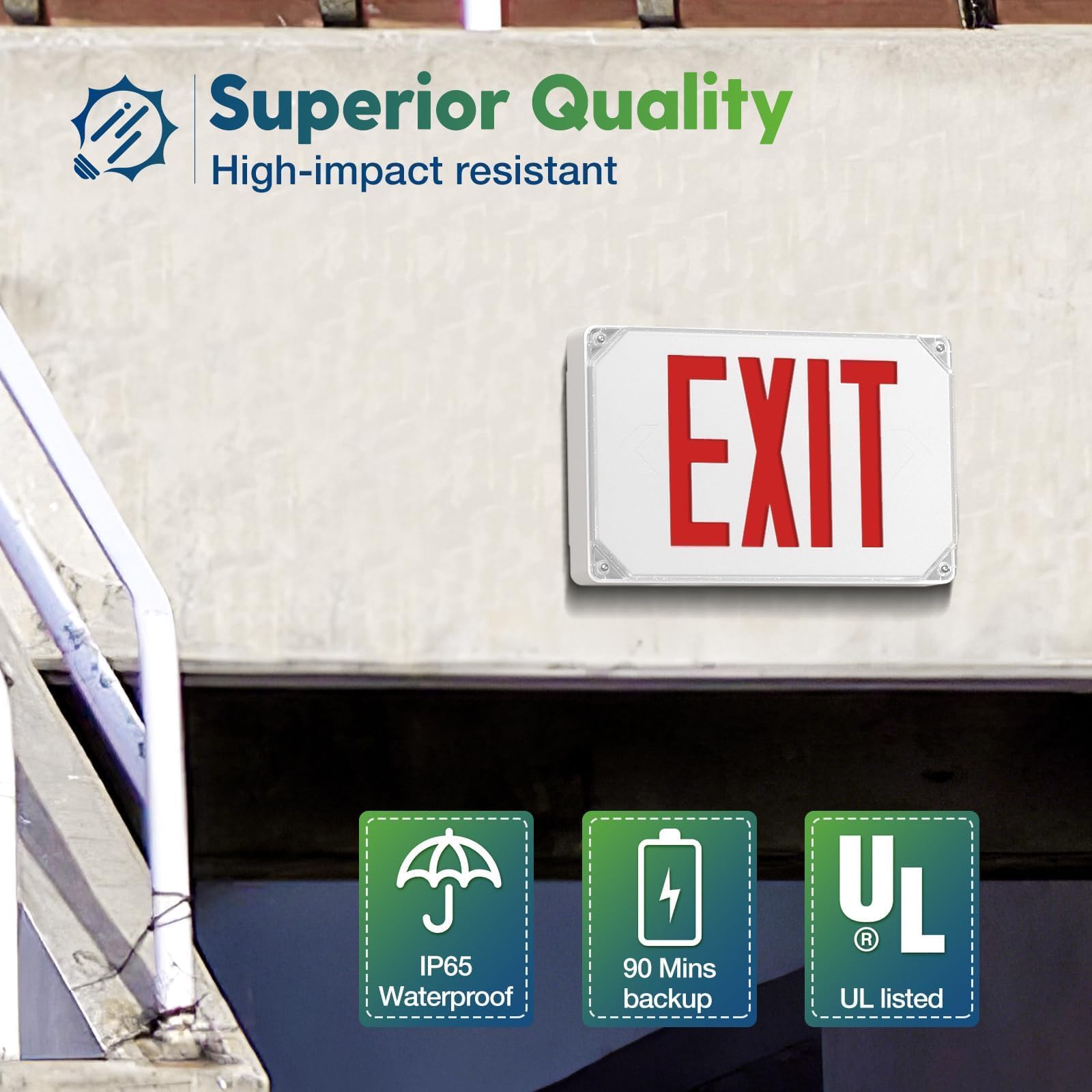 FREELICHT 2 PACK Red LED IP65 Waterproof Exit Sign with Battery Backup，Exit Sign for Business，Easy To Install，UL Certified，AC 120/277V.