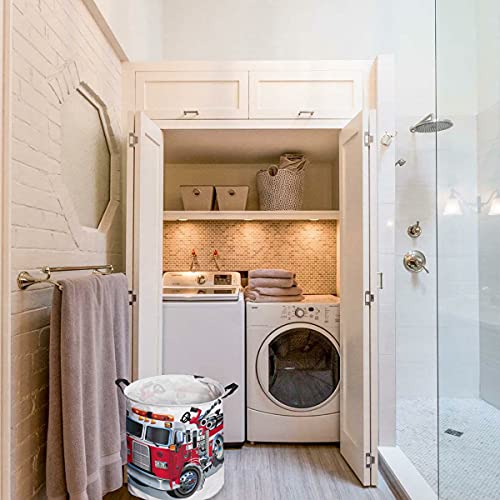 Laundry Basket Cartoon Fire Truck Red Grey Car,Waterproof Collapsible Clothes Hamper Patriotic Firefighter Trucks on White,Large Storage Bag for Bedroom Bathroom 42L