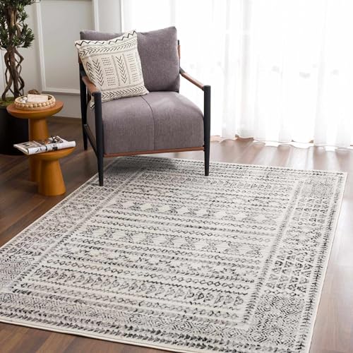 Hauteloom Greig Farmhouse Moroccan Geometric Area Rug - Boho Aztec Tribal Carpet for Living Room, Bedroom, Dining Room - Bordered - Off White, Black, Grey - 7'10" Round Rug