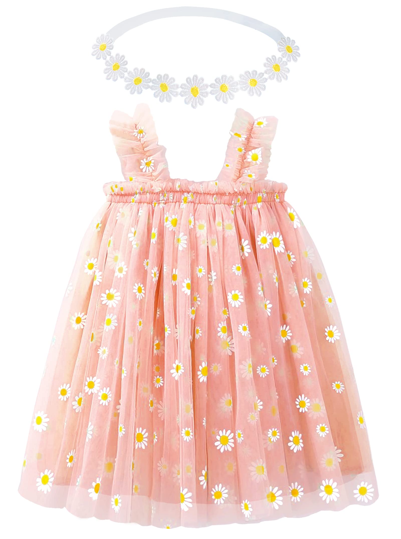 BGFKS Baby Girls Toddler Daisy Tutu Dress,Princess Party Dress with Soft Daisy Flower Headband.(Peach Pink,18 Months)