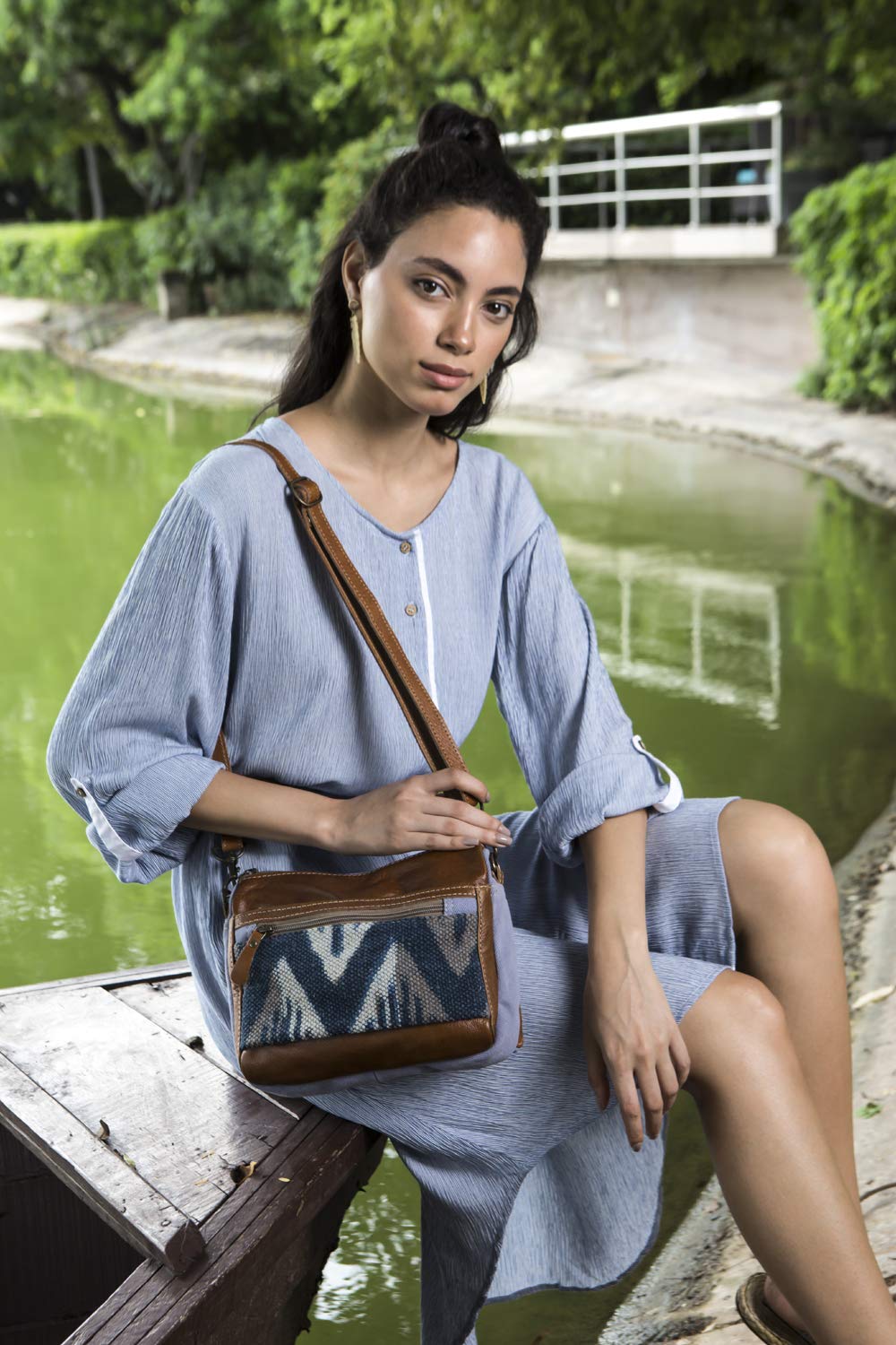 Myra Bags Indigo Charm Canvas, leather & Rug Crossbody Bag S-1919