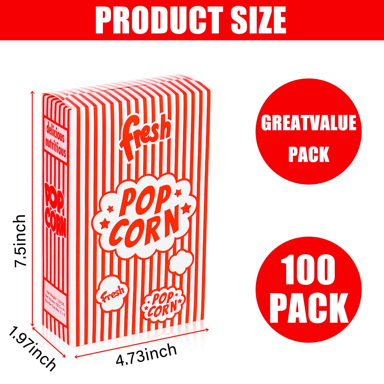 Dualshine 100 Pack Popcorn Boxes,1.25 oz Paper Popcorn Containers,Red and White Striped Close-Top Cardboard Pop Corners Bags Individual Servings for Theater Night Movie,Party,Christmas
