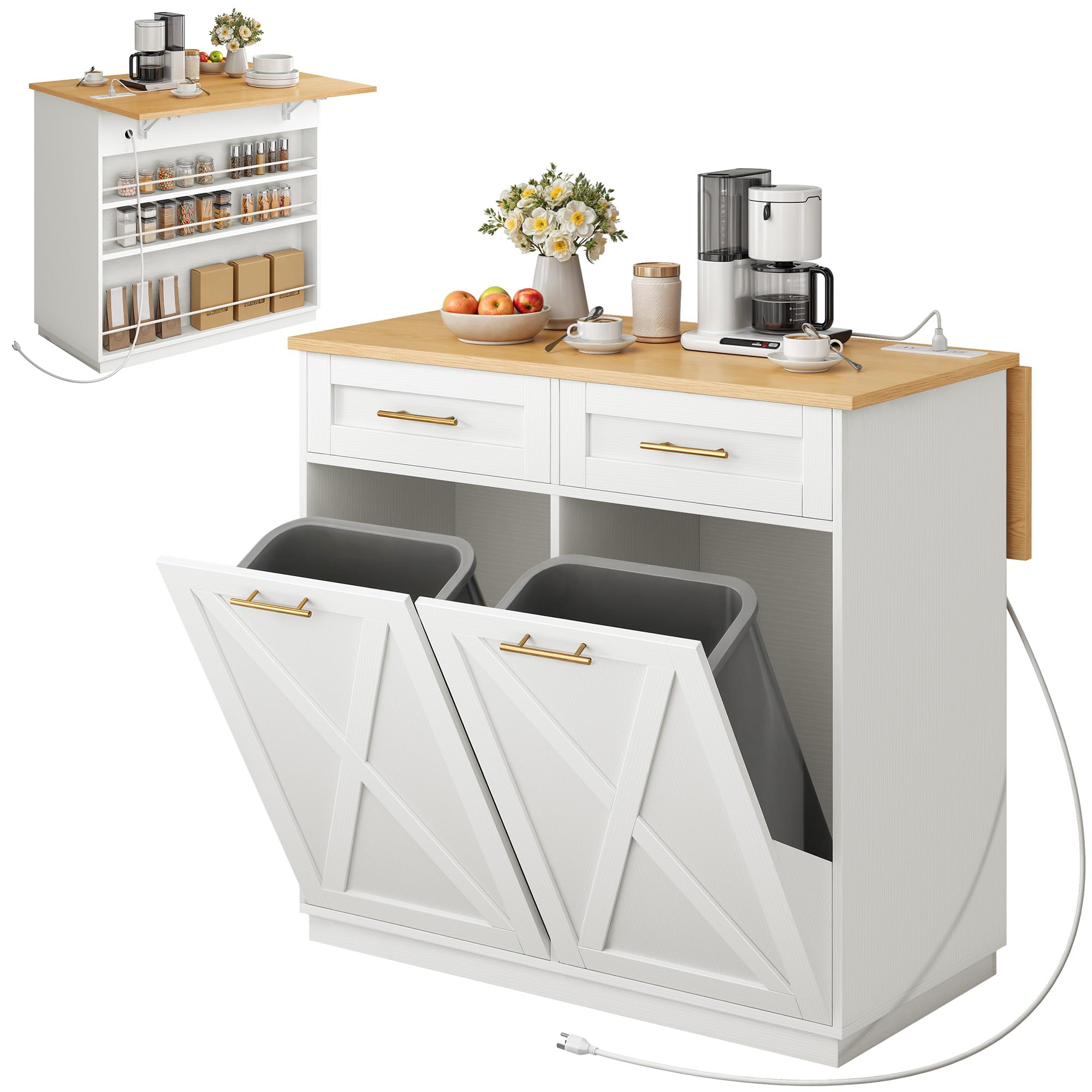 DWVO Kitchen Island with Double Tilt Out Trash Can Storage Cabinet & Drop Leaf, Rolling Portable Islands Table with Power Outlet Wheel Drawer Hidden 10 Gallon Garbage Bin Storage, White Oak