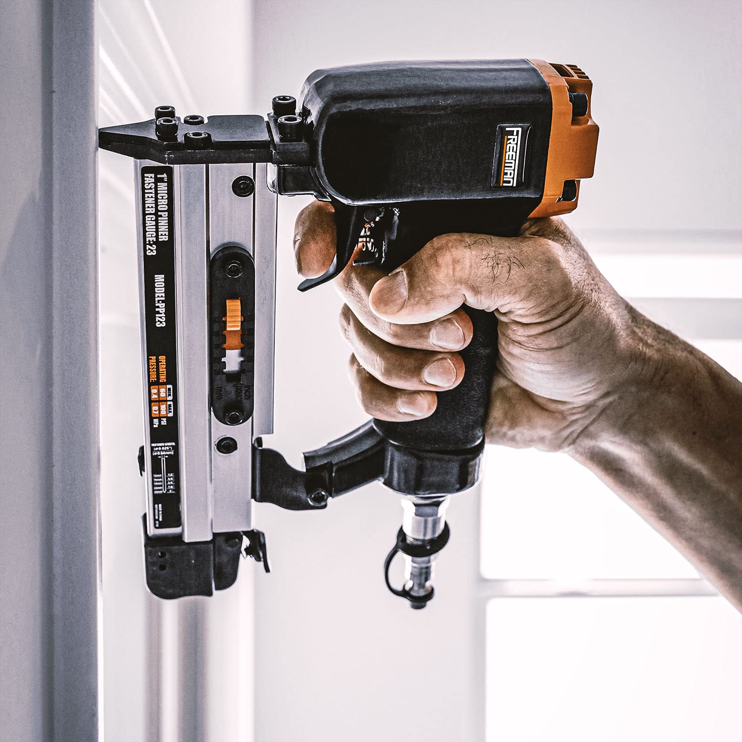 Freeman PP123 Pneumatic 23-Gauge 1" Micro Pinner Ergonomic and Lightweight Nail Gun with Safety Trigger and Pin Size Selector for Crafts, Moulding, and Picture Frames
