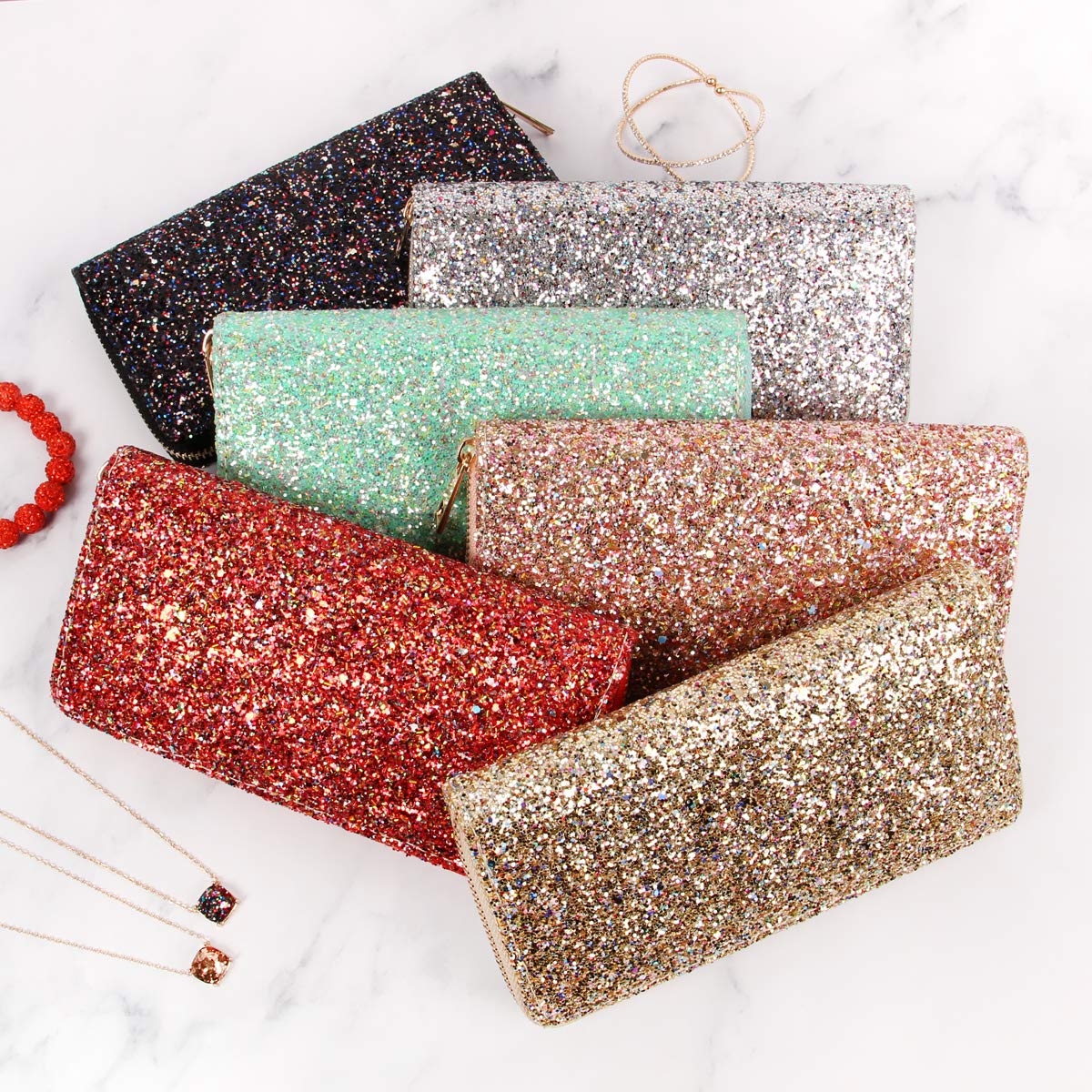 MYS Collection RIAH FASHION Rainbow Glitter Zip Around Wallet - Sparkly Confetti Single Zipper Clutch Purse with Card Slots (Rainbow - Red)