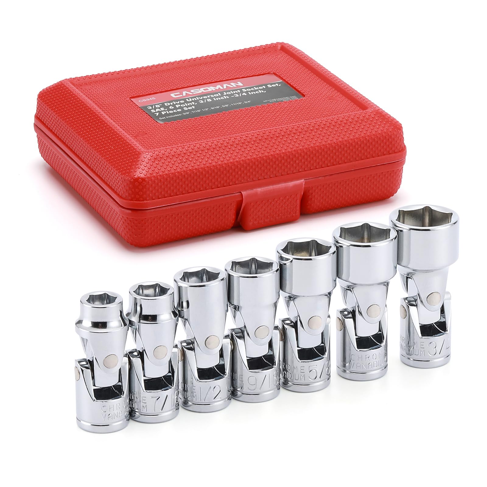 CASOMAN 3/8" Drive Universal Joint Socket Set, 7 Piece Flex Socket Set, 6-Point, Cr-V, SAE,3/8" to 3/4", CR-V, 360 Degree Rotation