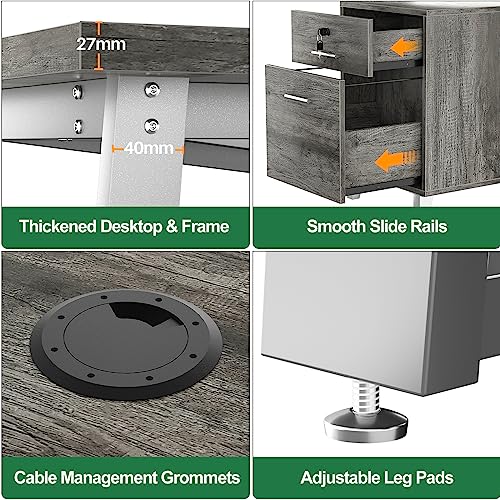 Homieasy Computer Desk with File Cabinet & Charging Station, Heavy Duty Home Office Executive Desk with Storage Drawers, Sturdy Spacious Workstation with Power Strip Cable Grommets, Black Oak