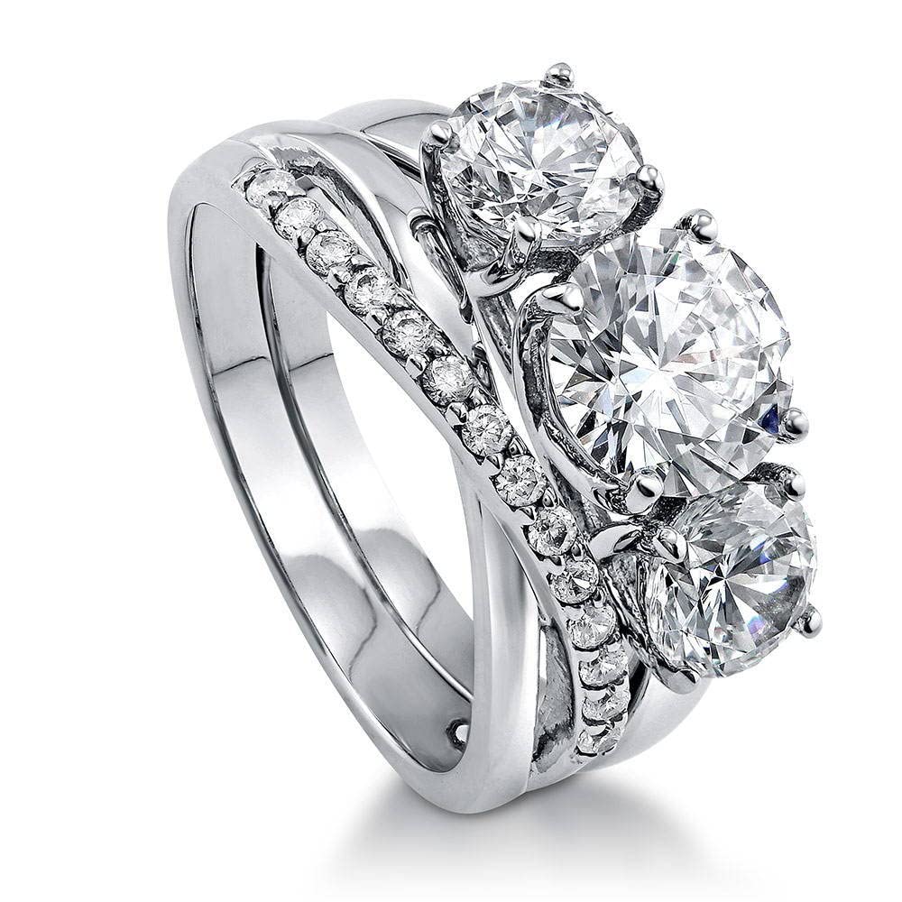BERRICLE Sterling Silver 3-Stone Wedding Engagement Rings Round Cubic Zirconia CZ Criss Cross Ring Set for Women, Rhodium Plated Size 8