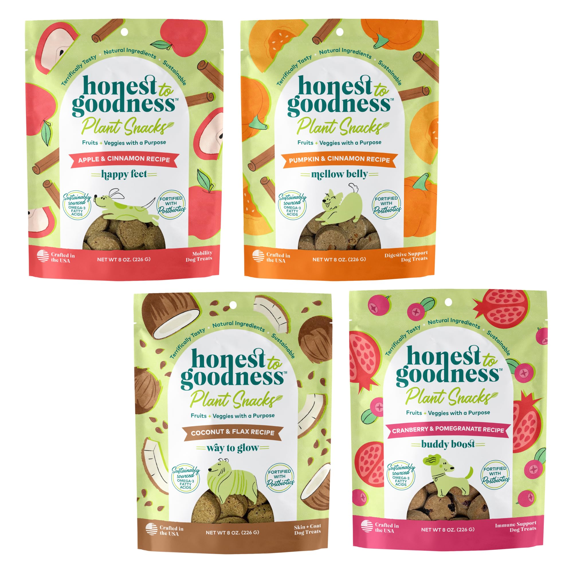 Honest to Goodness Plant Snacks Dog Treats, Enriched with Omega 3s & Postbiotics, 8oz Variety Pack, 4 Bags