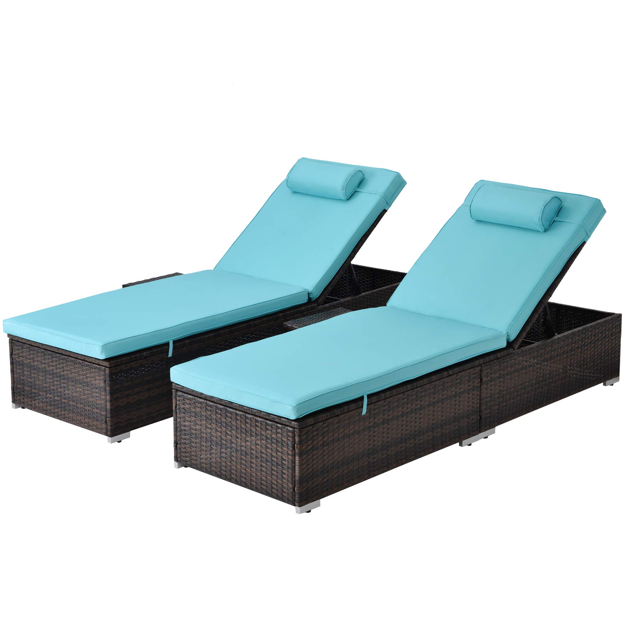BIADNBZ 2-Piece Outdoor Patio Recliner Chairs for 2,Dual-Use PE Wicker Chaise Lounge Set with Side Table Adjustable Backrest,Cushions and Head Pillows for Courtyard, Swimming Pool, Balcony, Blue
