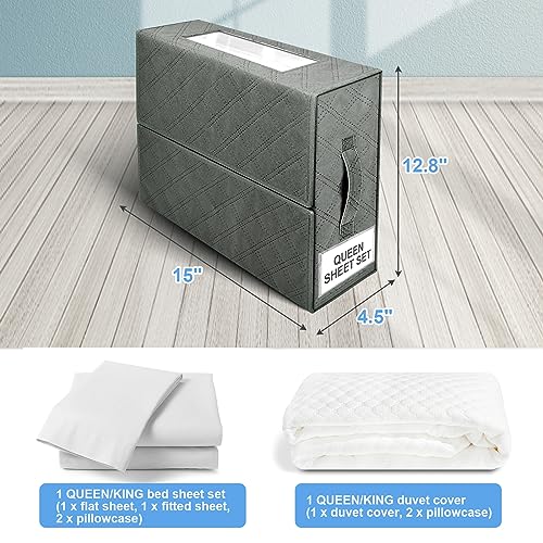 Erarrow Foldable Bed Sheet Set Organizer, Storage Box for Duvet Cover Set with Clear Window and Handles, Linen Closet Organizer for Bedding Clothes Blankets, 2 Pack (Queen or King Size),Dark Grey