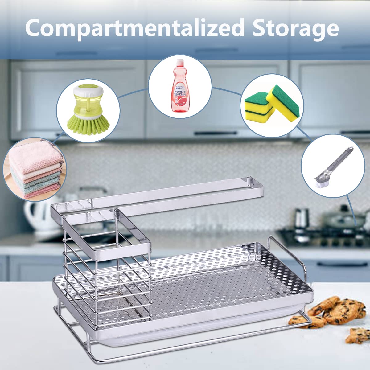 Cenekphy Kitchen Sink Caddy Organizer Rack Shelf Sponge Holder with Removable Drain Tray, Stainless Steel Rustproof Soap Dish Scrub Scrubber Brush Dispenser, Countertop Storage with 4 Sponges, Silver