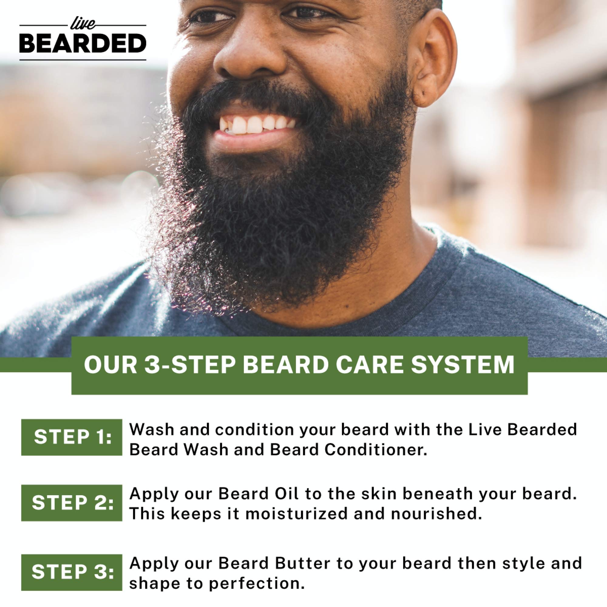 Live Bearded 3-Step Beard Grooming Kit - 1880 - Beard Wash, Beard Oil and Beard Butter - All-Natural Ingredients with Shea Butter, Jojoba Oil and More - Beard Growth Support - Made in the USA