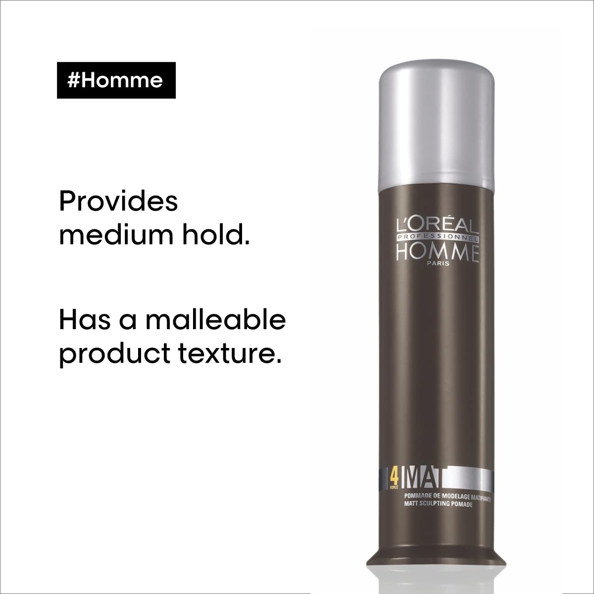 L'Oreal Professionnel Men’s Styling Pomade - For All Hair Types, Provides Medium Hold and Matte Finish