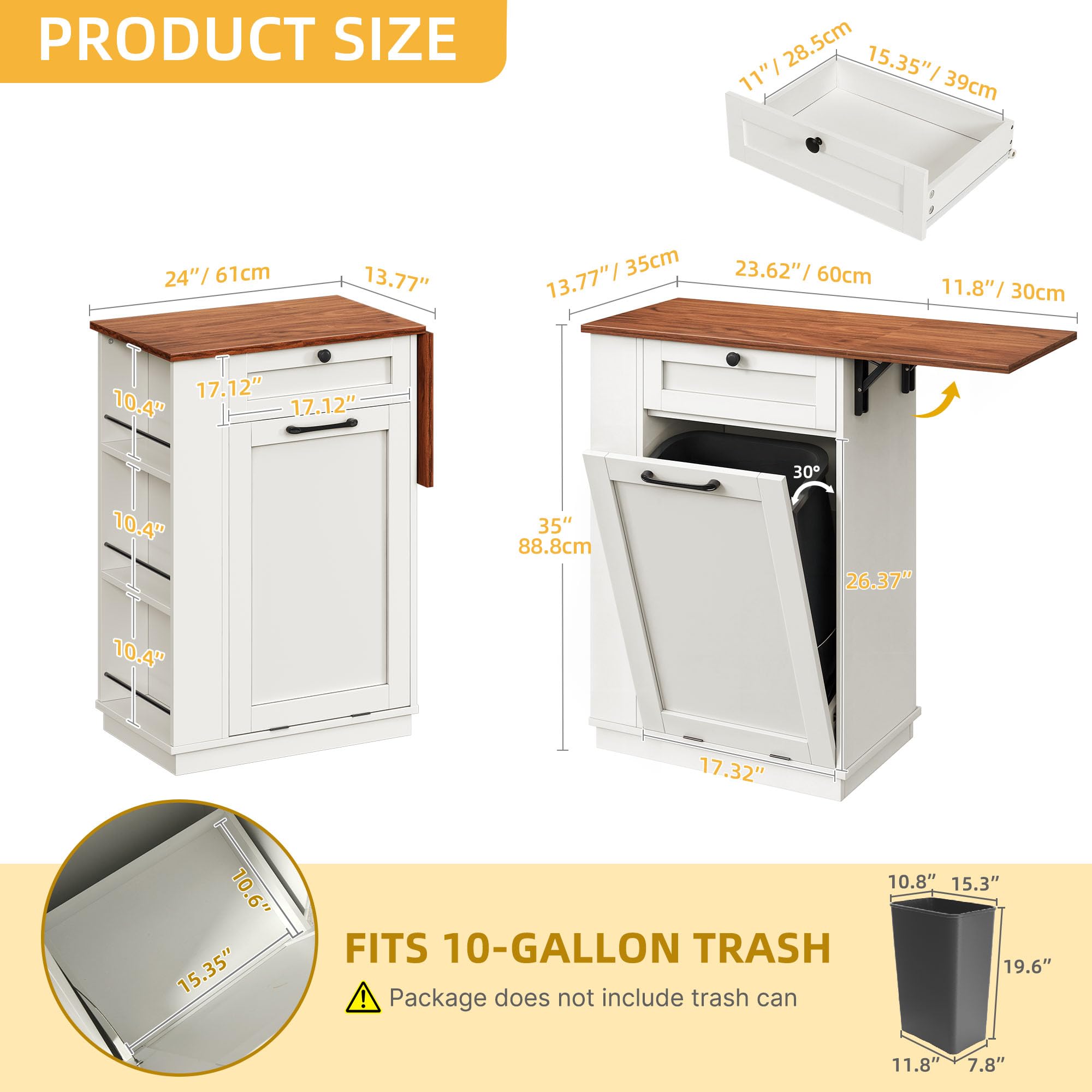 DWVO Trash Can Cabinet with Storage Cabinet & Drop Leaf, Tilt Out Trash Cabinet Hidden Garbage Bin Cabinet Freestanding Wooden Trash Bin Cabinet w/Drawer, Off White