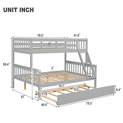 BIADNBZ Solid Wood Bunk Bed with Trundle Twin Over Full Size, Convertible 2 Bedframe with Ladder&Safety Rails, for Kids/Teens/Adults, No Box Spring Needed, Grey