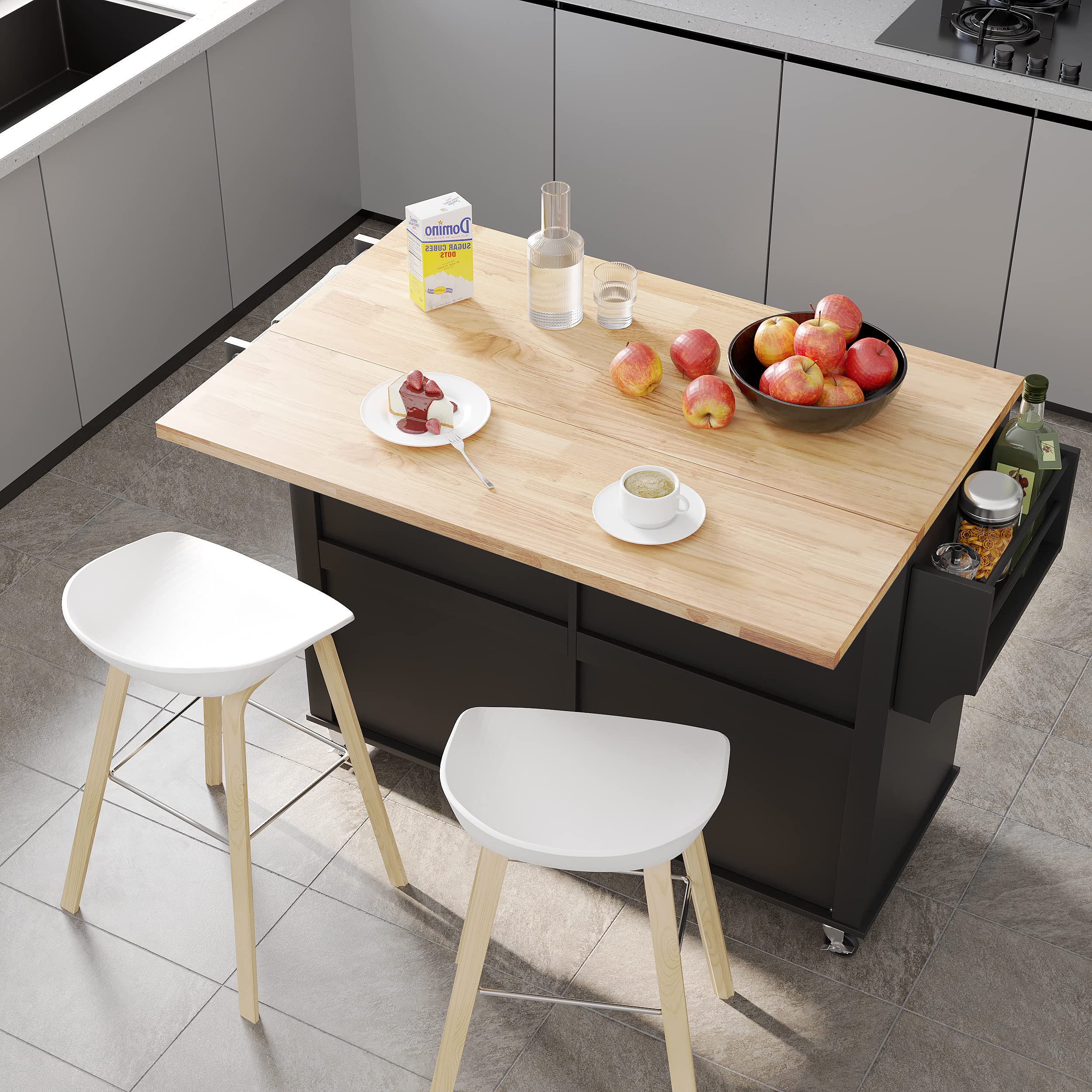 Squireewo Kitchen Cart with Wood Top and Drop Leaf Breakfast Bar, Rolling Mobile Kitchen Island Table on Wheels with Drawer and Storage Cabinet, Spice Rack, Towel Rack, Black