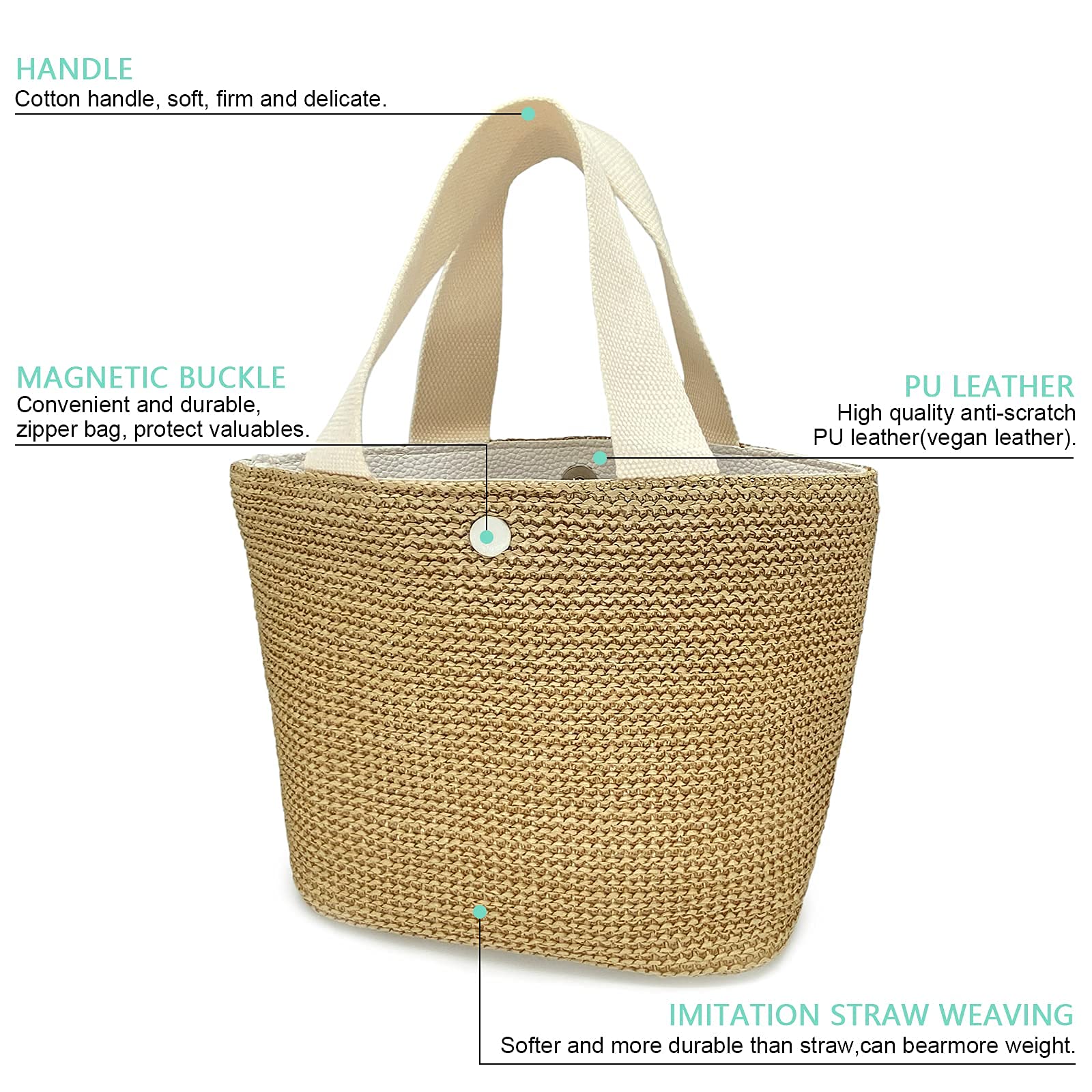 N.Bin Straw Bags for Women, Imitation Straw Weave Tote with Handles Boho Beach Tote Bag Straw Purses and Handbags,Summer Purses for Women with Magnetic Closure(White)