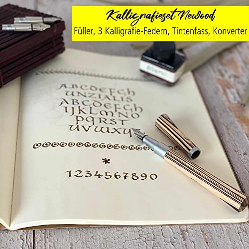 Online calligraphy fountain pen Newood │ calligraphy pen │ natural Wawa wood in black │ 3 stroke widths 0.8 1.4 and 1.8 mm │ set including one ink jar with brown ink (15ml) │ for Bullet Journal etc.