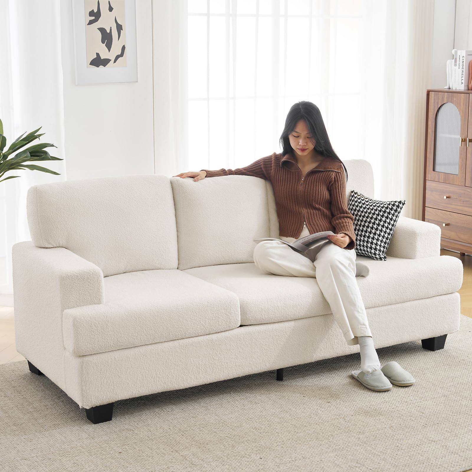 ELUCHANG 80" Deep Seat Sofa Couches for Living Room, 3 Seater Sofa Teddy Cloud Sofa Modern Sofa Couch with Removable Cushion&Detachable Cover, Comfy Sofa for Small Space, Apartment, White, Set of 1