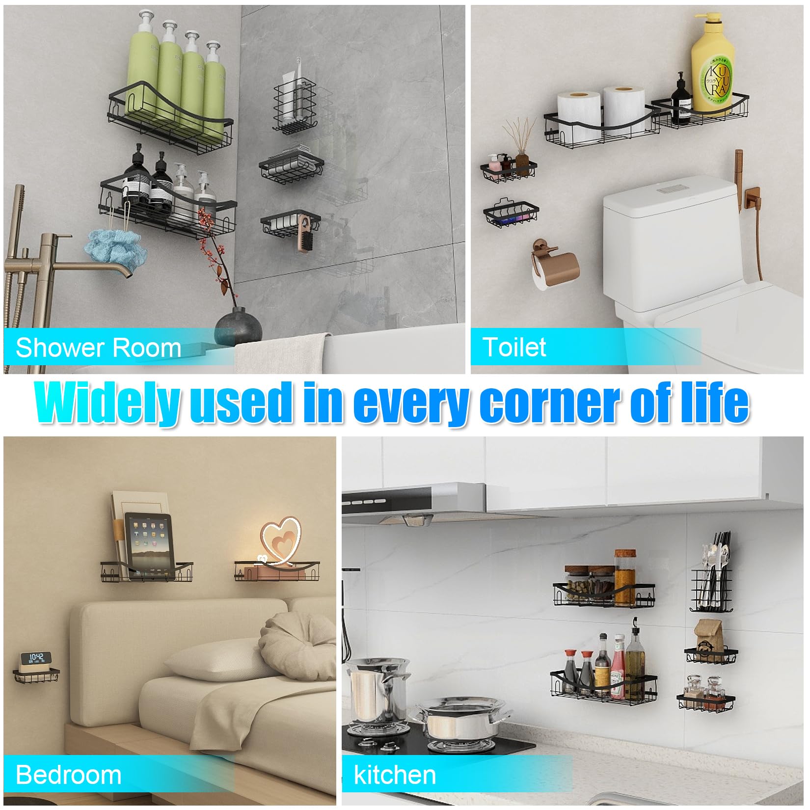 EK-Memory-fish ​Shower Organizer, Adhesive Shower Organizer Bathroom Storage Home Decor Kitchen, Non-Drilled, Large Capacity, Stainless Steel Bathroom Organizer (5 Piece Set)