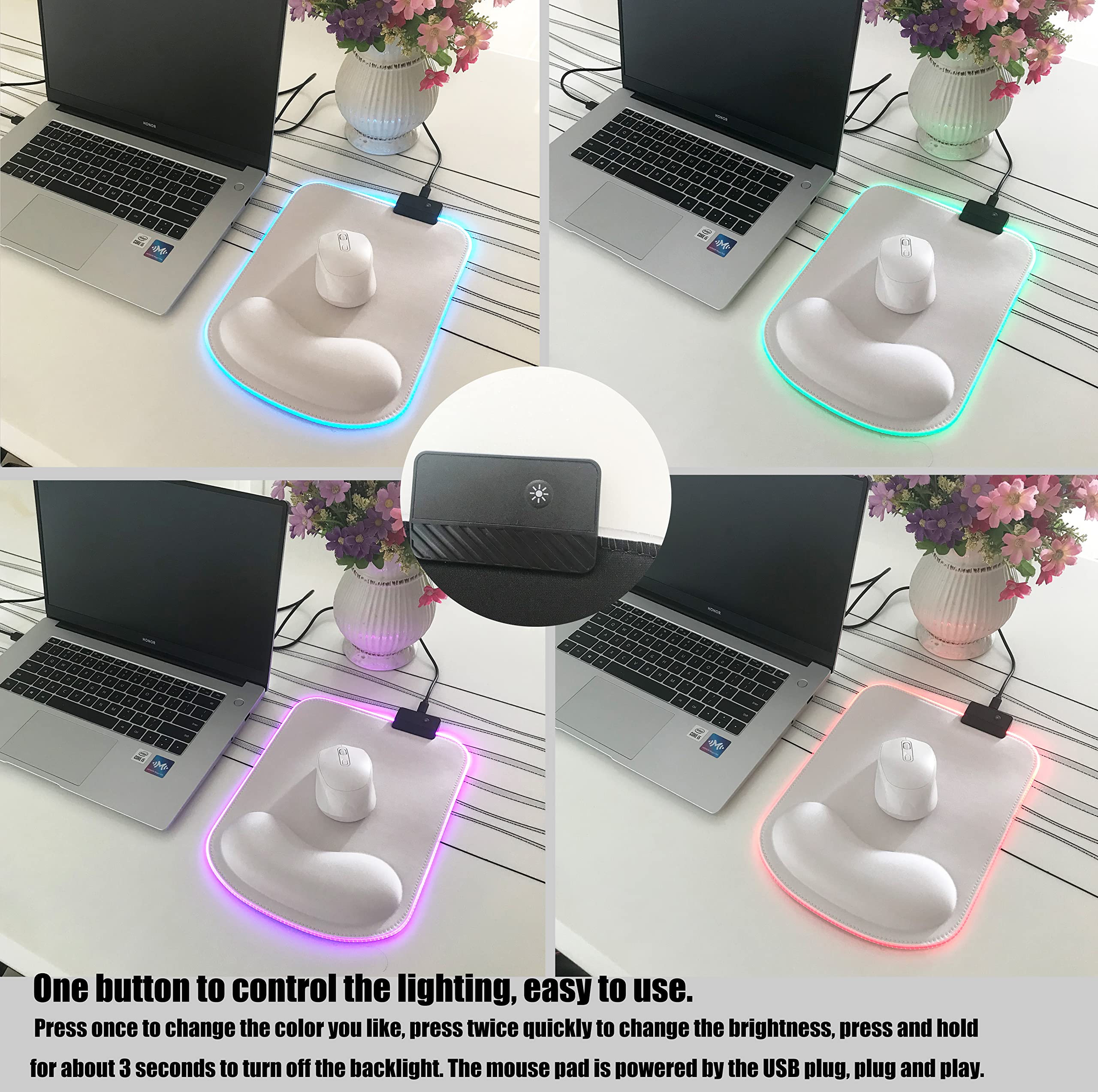 RGB Mouse Pad with Wrist Support, LED Mouse Pad with 13 Lighting Modes, Anti-Slip Rubber Base, Pain Relief Computer Ergonomic Mouse Pad for Gaming, Office, Home, 11.8 x 8.5 in (White)