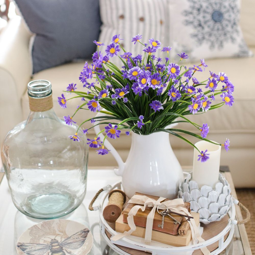 NAHUAA 4PCS Fake Daisy Flowers for Outdoor Purple Artificial Plastic Plants Greenery UV Resistant Shrubs Table Centerpieces Arrangements Home Kitchen Garden Spring Farmhouse Decor