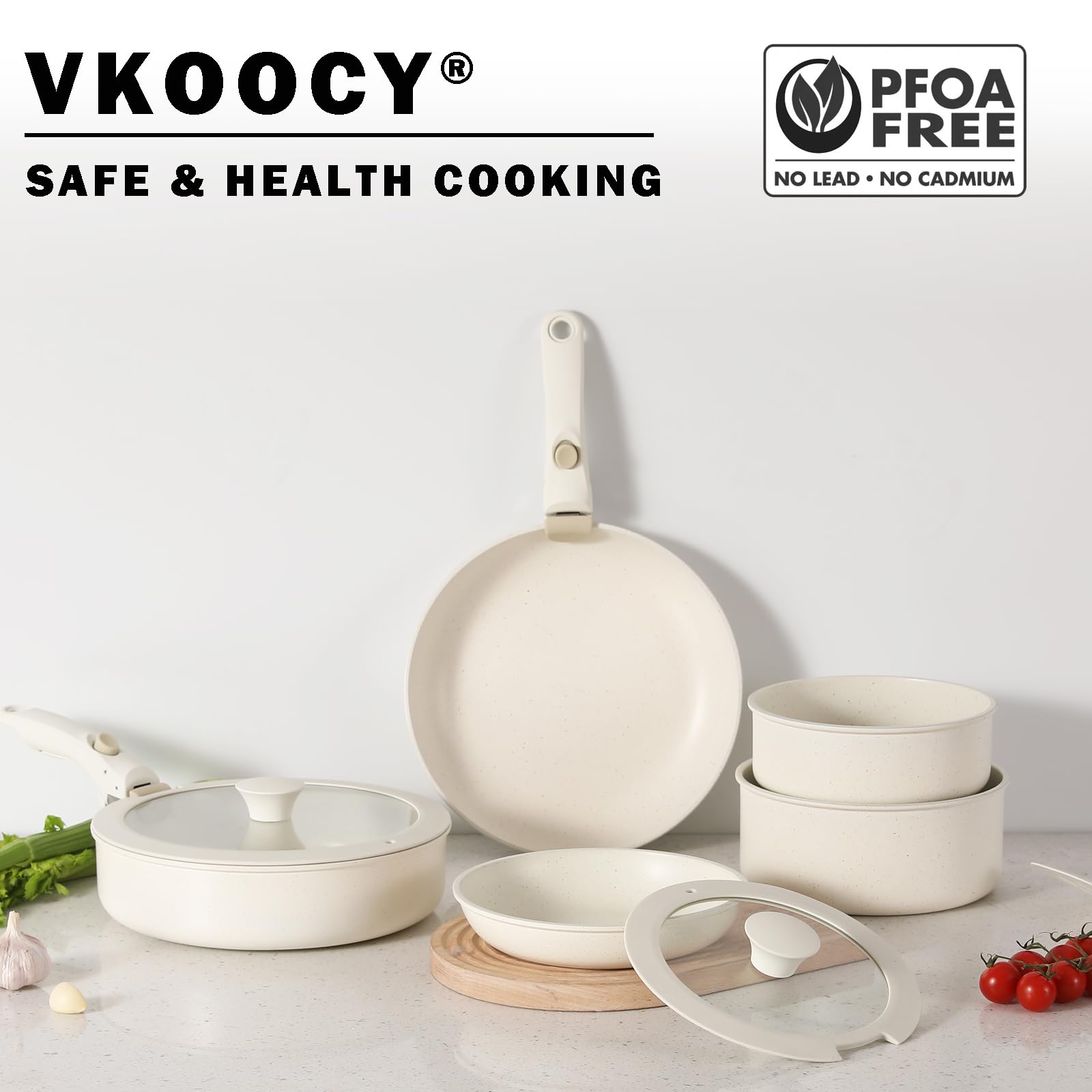vkoocy Nonstick Deep Frying Pan Skillet, 10.5-inch Saute Pan with Lid, Removable Handle, Healthy Ceramic Cookware Cooking Pan, Gray with Pattern