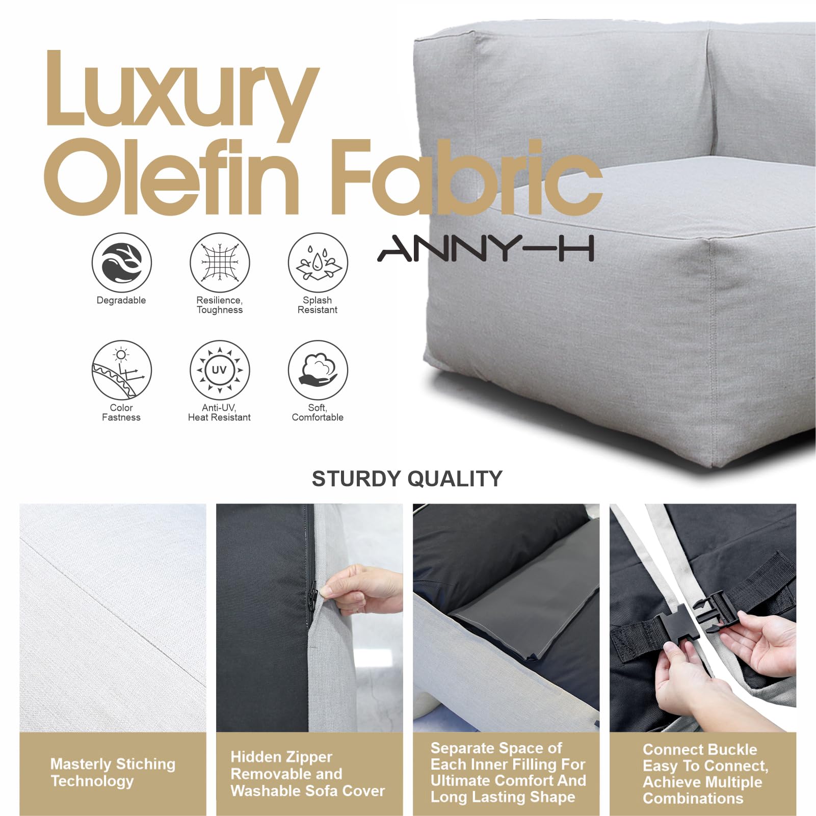 Dineli Modern ANNY-H Corner Chair Outdoor Furniture Patio Couch Creating a Unique Patio Garden Modular Contemporary Sofa (Light Gray)