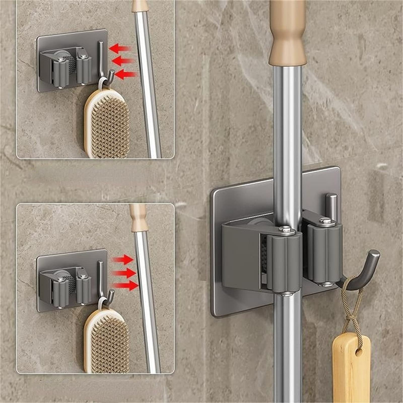 Broom frame, broom frame wall-mounted, non-porous multifunctional broom holder, non-perforated, super anti-skid, household, kitchen, garden, garage storage system broom [black, 2 pieces]