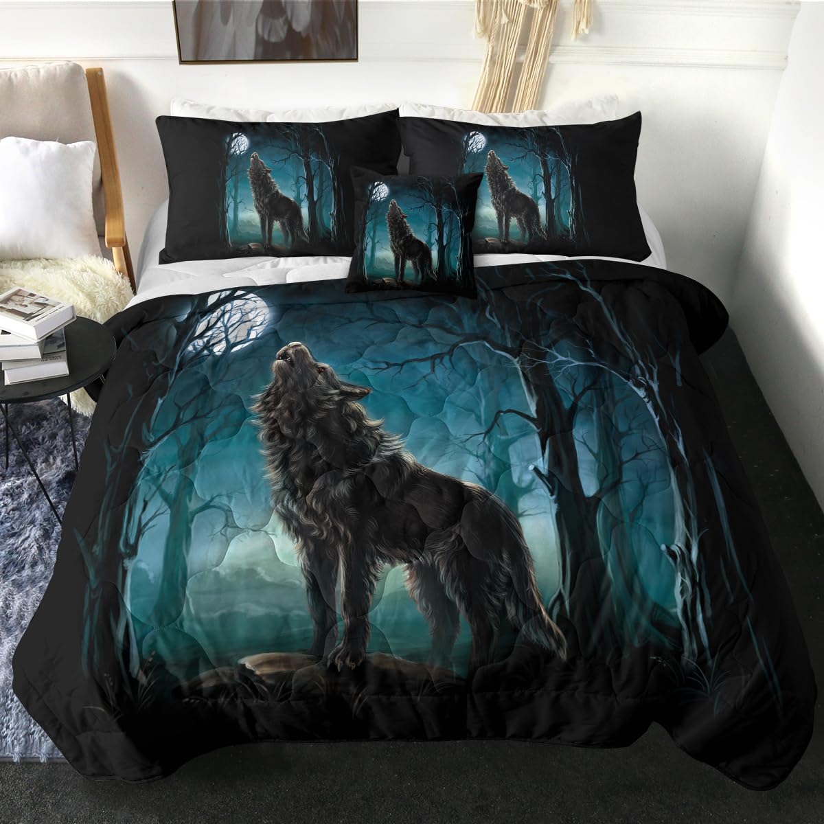 Dream Catcher by JoJoesArt Wolf Moon Comforter Set Full Size Bedding with Wolves 4 Pieces Galaxy Wolf Bed Set for Kids Boys Soft Lunar Eclipse Bedspreads with 2 Pillow Shams 1 Cushion Cover (Full)