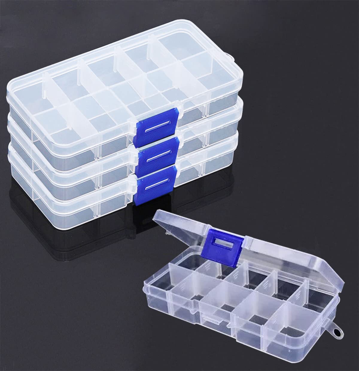 False Nail Tips Transparent Plastic Storage Box 3 Pieces ,Small Travel Organizer Container Adjustable Removable Divider for Beads Craft Jewelry Earring Screws Nail Rhinestones Accessories (10 Slots)