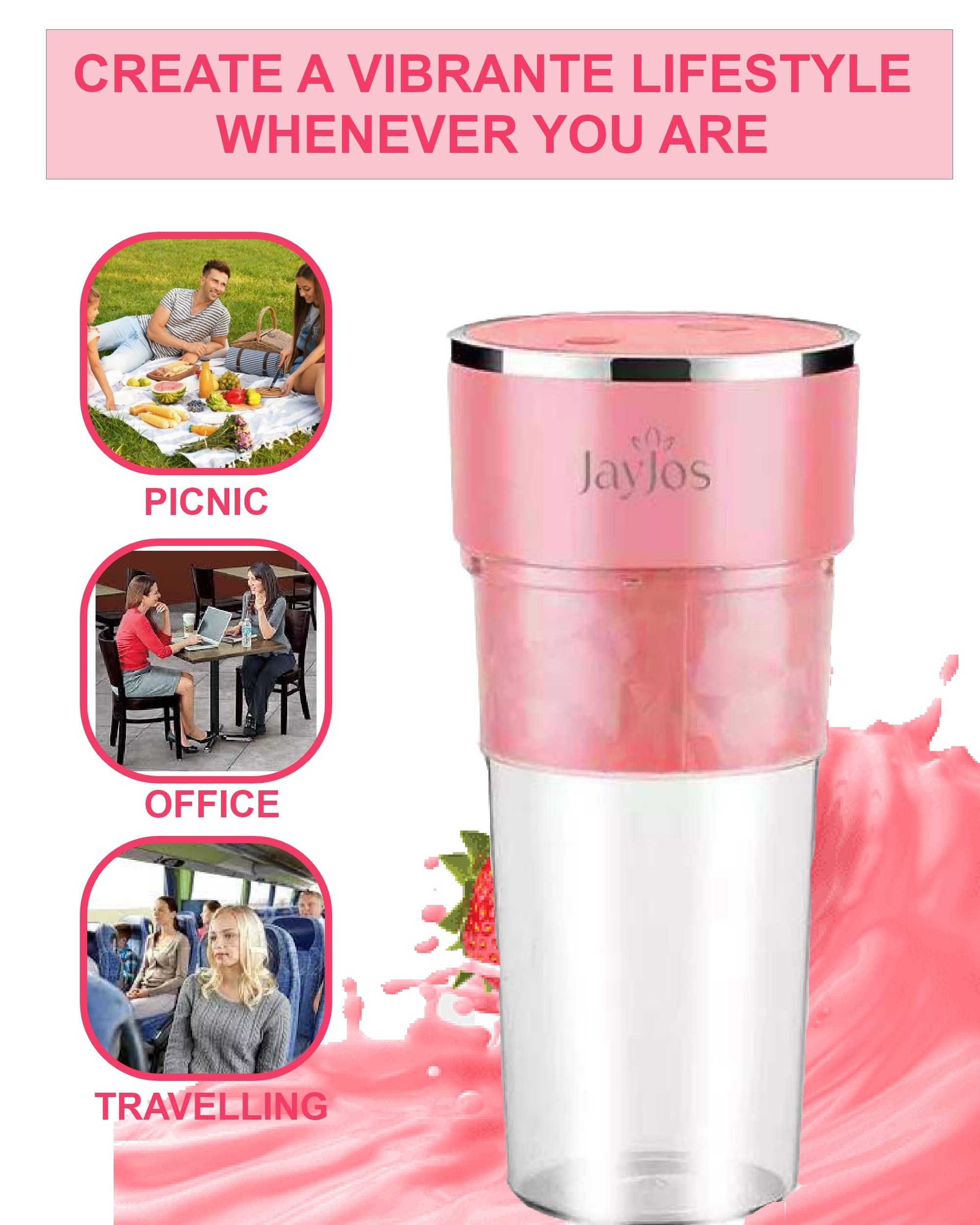 JayJos Portable Blender Smoothie Juicer Cup USB Rechargeable Home Travel Personal Mini size, Electric Powerful Sports (Pink)