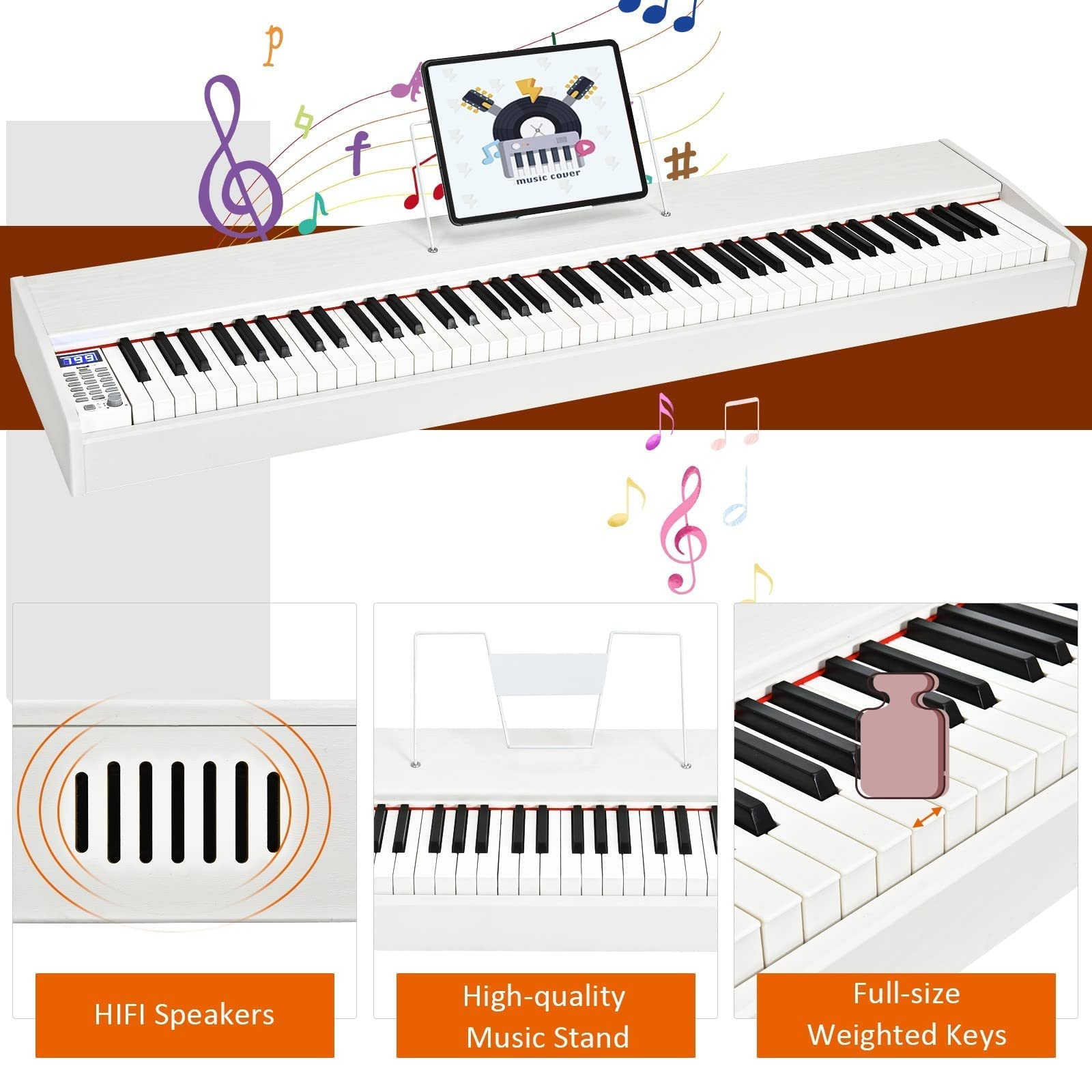 Safeplus Digital Piano 88 Key Full Size Weighted Keyboard, Electric Piano Portable with Sustain Pedal Power, Supply for Beginner Adults Practice (White)